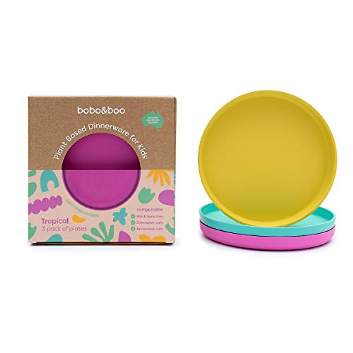 bobo&boo Colorful Plant-Based 7.5 inch Kids Plates for Toddler Eating – Set of 3, Plant-Based, Melamine-Free And Microwave Safe – Eco-Friendly Toddler Plate Set for Boys and Girls - Tropical