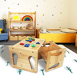 Royxen Montessori Weaning Table and Chair Solid Wood Toddler Table and Chair Set 2 Level Height, Cube Chairs for Toddlers