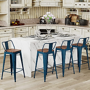 Andeworld Bar Stools Set of 4 Counter Height Stools Industrial Metal Barstools with Wooden Seats(24 Inch, Distressed Navy)