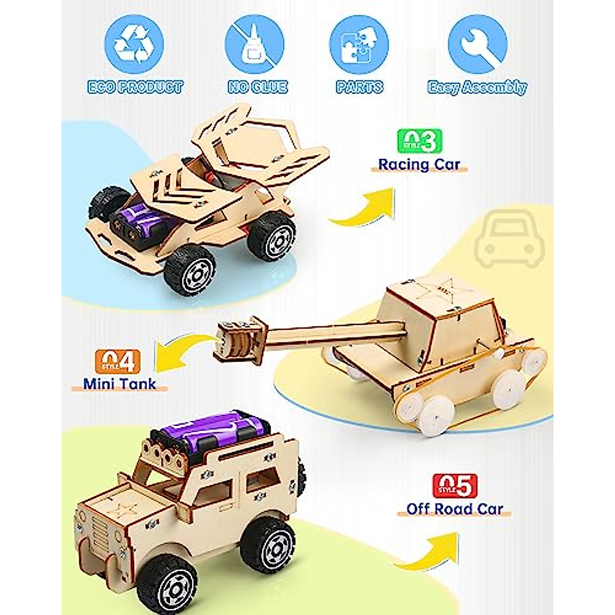 STEM Kits, 5 SSTEM Projects for Kids Ages 8-12, Wooden Model Car Kits, Gifts for Boys 8-12, 3D Puzzles, Science Educational Crafts Building Kit, Toys for 8 9 10 11 12 Year Old Boys and Girls