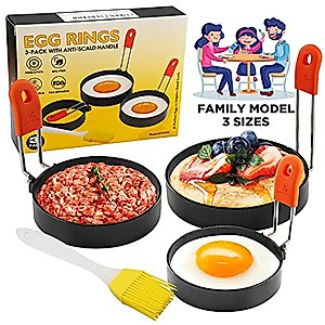 meidong Egg Ring 3 Packs in 3 Sizes Anti-Scald Egg Rings for Frying Leak-Proof with an Oil Brush Fold-up Stainless Handle Nonstick Egg Rings Mold (3 + 3.6 + 4.2 inch)