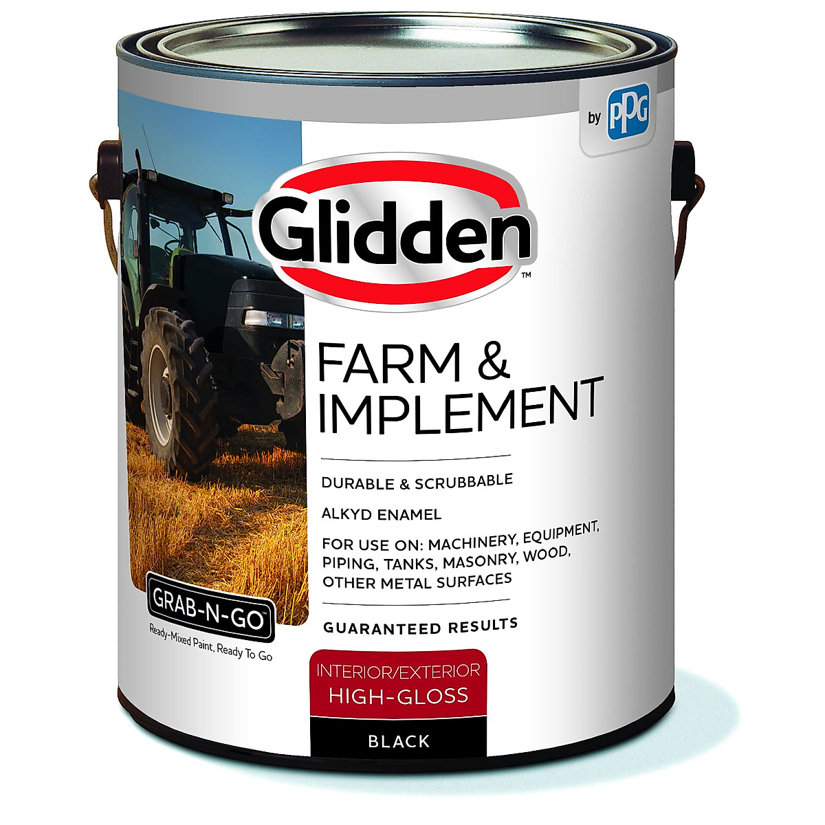Glidden Farm & Implement Alkyd Enamel Interior/Exterior Paint for use on Machinery, Equipment, Masonry, and Other Metal Surfaces, 1 Gallon, High Gloss, Black