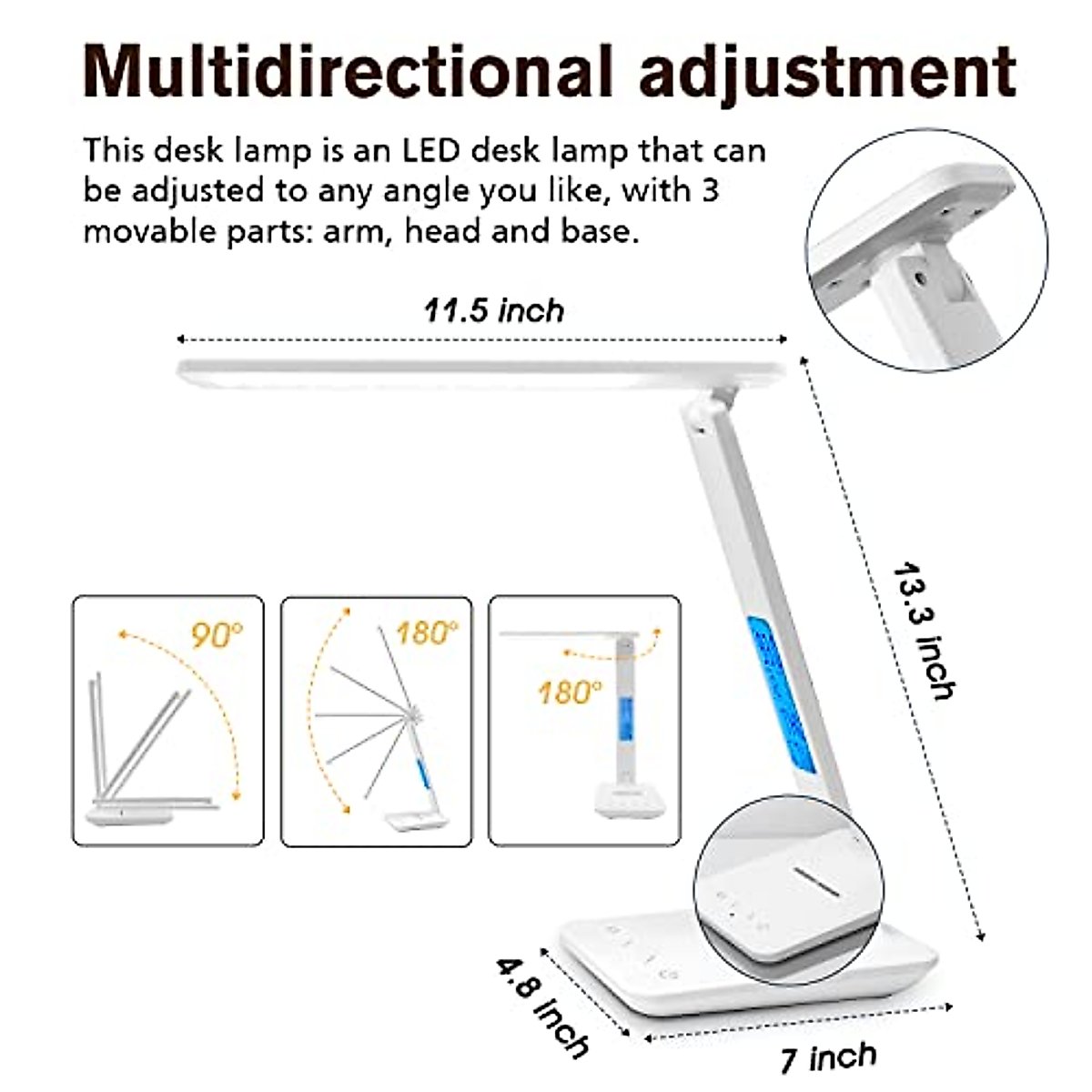 LAOPAO LED Desk Lamp with Wireless Charger, USB Charging Port, Adjustable Foldable ​Table Lamp with Clock, Alarm, Date, Temperature, 5-Level Dimmable ​Lighting​, Office Lamp with Adapter, White