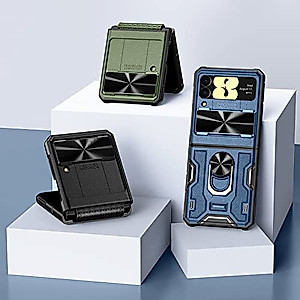 VEGO for Galaxy Z Flip 3 5G Case with Stand, Slide Camera Cover Hinge Protection 360°Rotate Ring Magnetic Kickstand Military Grade Heavy Duty Protection Armor Case for Samsung Z Flip 3 -Dark Blue