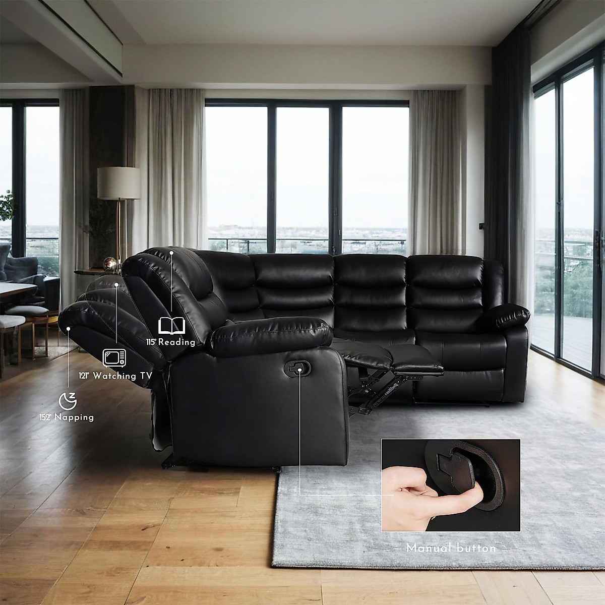 Recliner Sectional Sofa, Faux Leather Manual Reclining Sectional Couch, Modular Livingroom Furniture Sets with 1 Storage Console & 2 Cup Holders (Black)