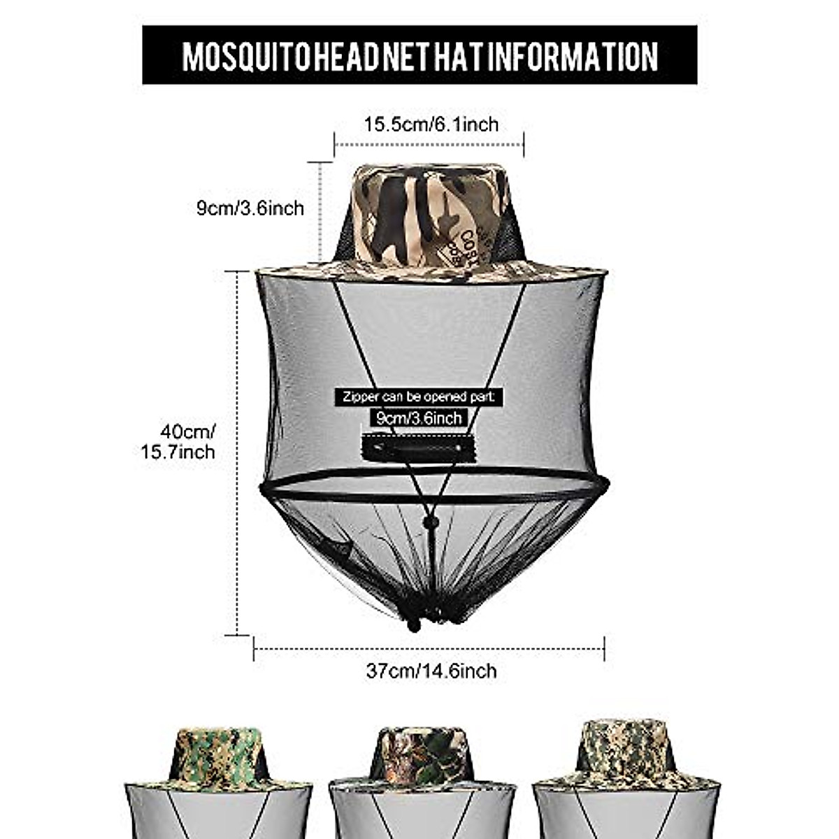 4 Pieces Mosquito Head Mesh Mosquito Cap Net Hat Face Cover with Zipper Foldable Fly Protection Netting Hat for Outdoor Fishing Hiking Gardening