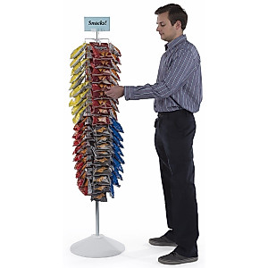 Displays2go Chip Display Stand, 72 Clip Spinner Design, Top Carousel Plastic Header - White (CCFR72WH)