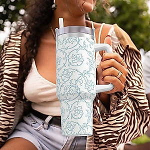 UIANG Cherry Blossom Stainless Steel Triple Layer Insulated Travel Tumbler with Spill Resistant Lid, Straw, and Carry Handle, BPA Free, 40 oz,Seasonal Flower Garden,Blue Pink