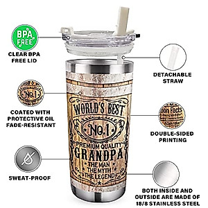Zzkol Gifts for Grandpa - World's Best Grandpa Tumbler with Lid and Straw, Funny Birthday Gifts, Nutrition Facts Wood Grain Stainless Steel Travel Coffee Cup, 20oz Double Wall Vacuum Insulated Mug