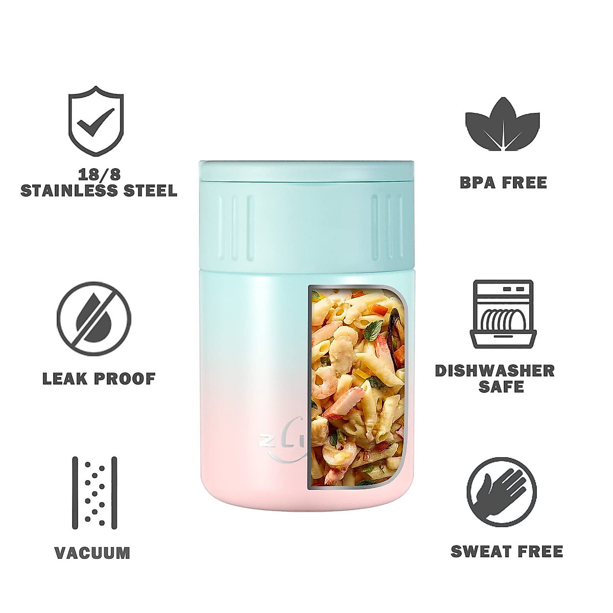 ZLINS Insulated Food Jar 13 oz, Foldable Spoon, Reusable Stainless Steel Lunch Thermos Container, Leak Proof Vacuum Lunch Storage for Soup Hot Cold, Smoothie Bowl with Handle Lid (Blush/Blue Ombre)