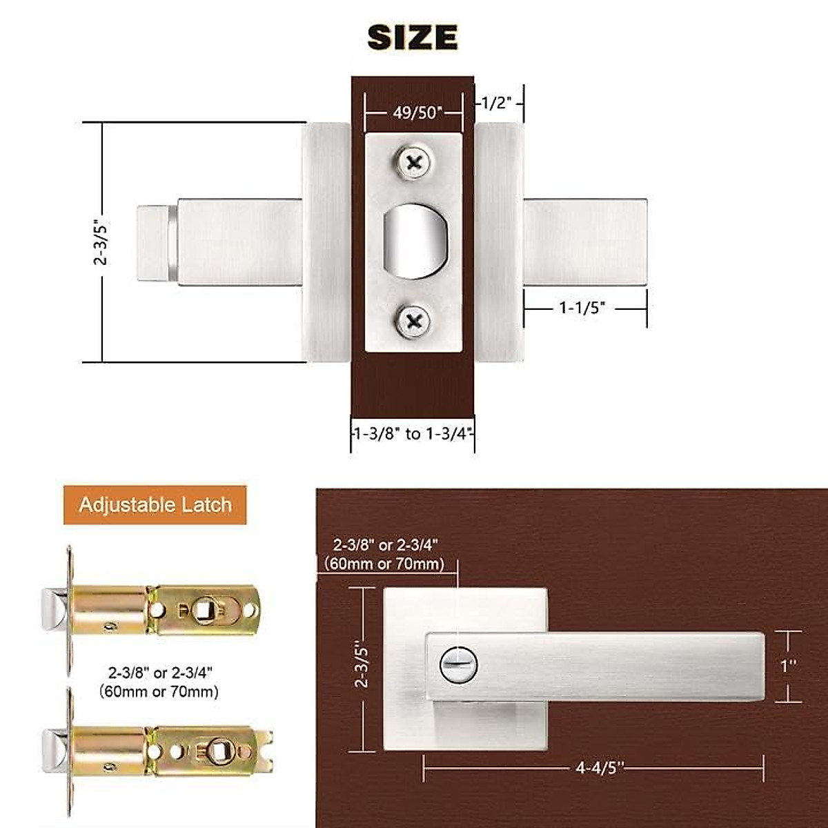 Probrico 4 Pack Square Door Levers Door Locks, Keyless Privacy Handles Locksets Interior Bed and Bath Hardware in Satin Nickel,Heavy Duty Hardware