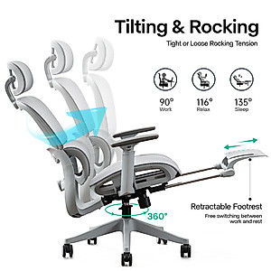 Gzagdecr Ergonomic Office Chair, High Back Gaming Chair with Footrest,Big and Tall Home Office Desk Chair,Mesh Computer Chair with Adjustable Lumbar Support,3D Armrests,Reclining(White-Gray)