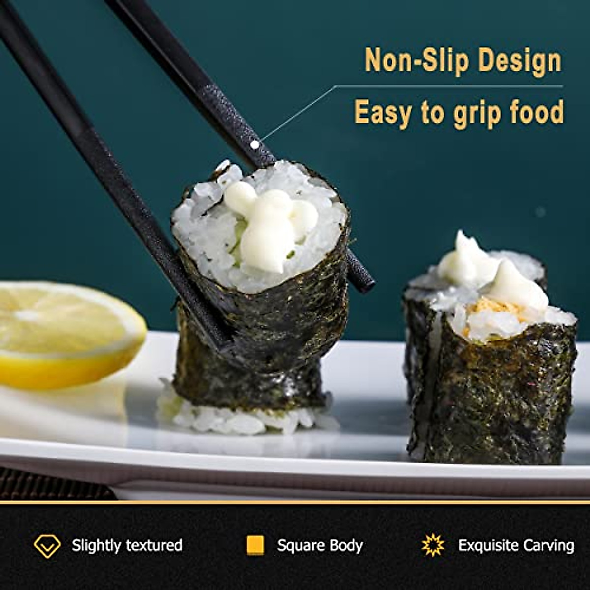 HuaLan Fiberglass Chopsticks Series - Japanese Non-Slip Chopstick, Reusable Chop Sticks Dishwasher Safe, 5 Pairs, Gift Set, 9.9 Inches