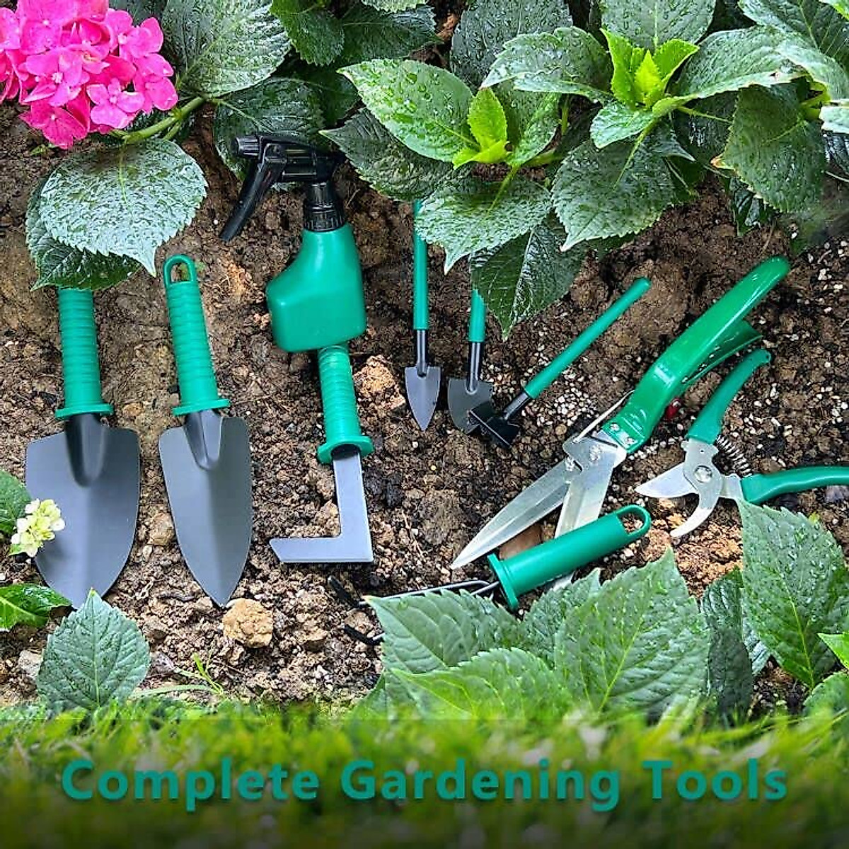 KENNEDICH Garden Tools Set，Stainless Steel Garden Planting Tools Kit with Green Carrying Case, Ideal Gardening Gift (10 PCS )