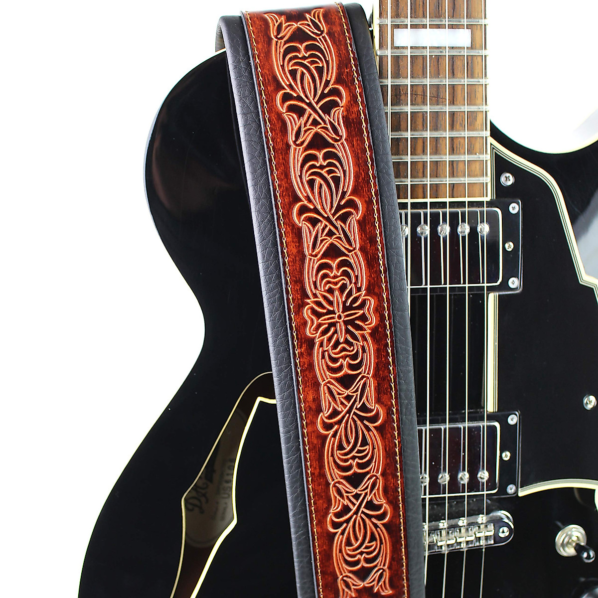 Walker And Williams GB-22 Bourbon Brown Padded Guitar Strap with Fleur De Lis & French Chain Design For Acoustic, Electric, And Bass Guitars