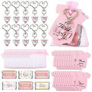 Teling 50 Sets Baby Shower Party Favors Include Baby Shower Angel Keychains Baby Girl Label Sticker Elephant Thank You Card Organza Bag for Girl Baby Shower Birthday Party Return Gift (Pink)