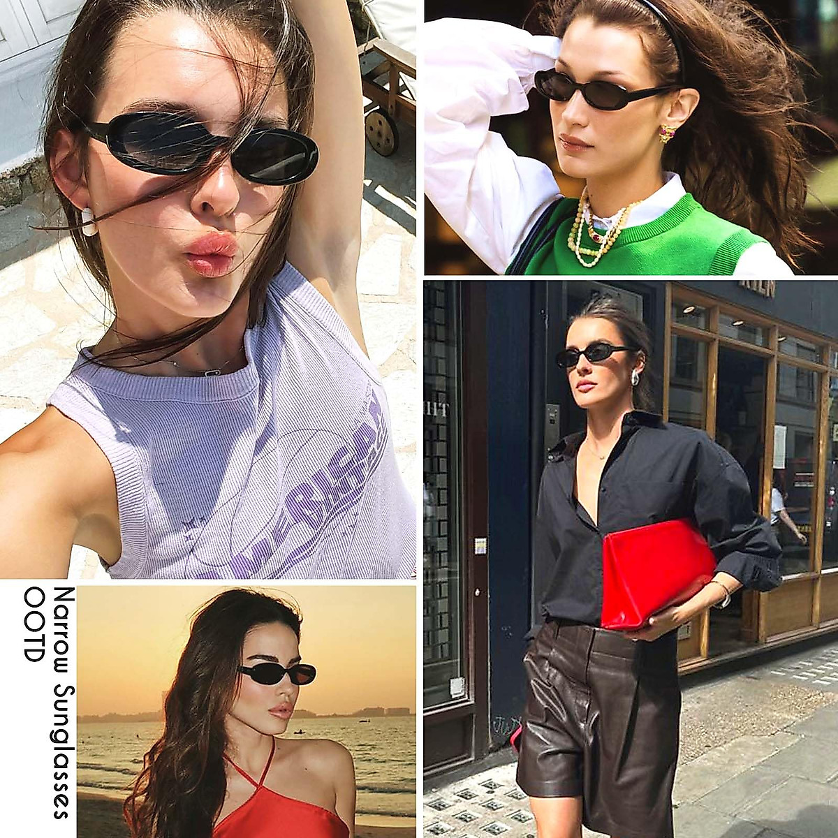 mosanana Retro Oval Sunglasses for Women 90s Small Trendy Fashion Vintage Narrow Tiny Cute Skinny Sun Glasses for Small Face Black MS52360