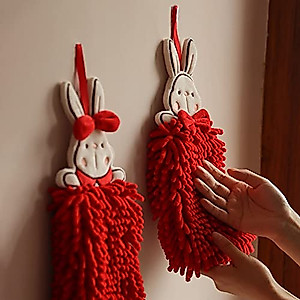 NUFR 2 Pack Cute Rabbit Red Chenille Hanging Hand Towel with Loop for Kitchen Bathroom, Absorbent Small Hand Drying Cloth