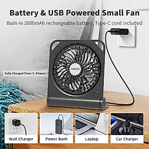 AMKEN Small Table Fans - 2000mAh USB Fan Desk Fan 4 Speeds Adjustable - 200° Tilt Folding Quiet Operation for Office Bedroom Home Desktop Camping