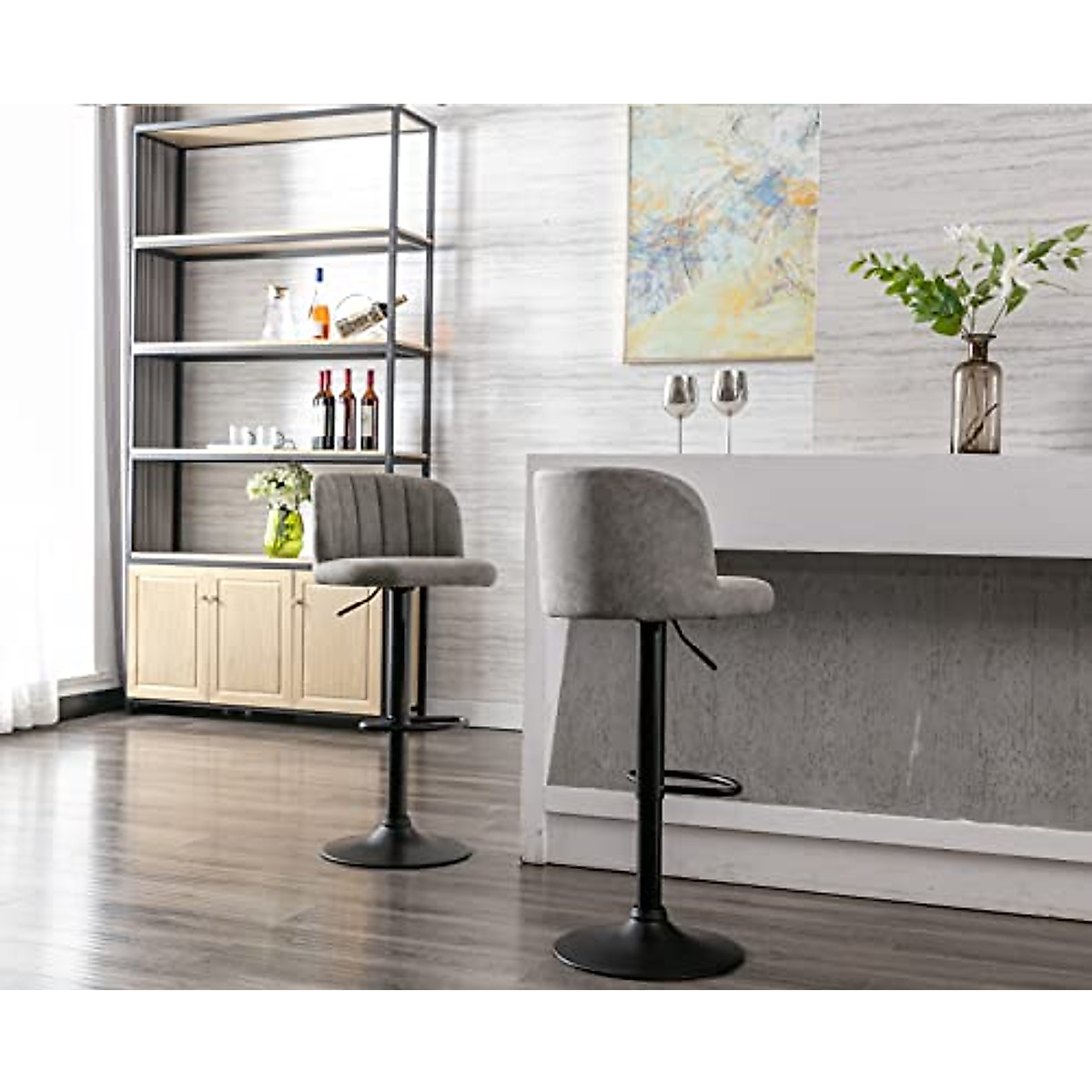 Janoray Counter Height Bar Stools Set of 2 Swivel Adjustable Farmhouse Bar Chairs with Back for Kitchen Counter Island Home Pub, Fabric Grey