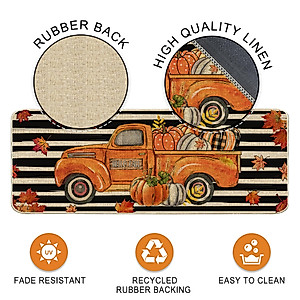 Thanksgiving Fall Kitchen Mats 2 Piece, Kitchen Rugs and Mats, Pumpkins Truck Stripe Welcome Mats for Floor, Bathroom, Decorative Non Skid Washable, Fall Home Kitchen Thanksgiving Decorations