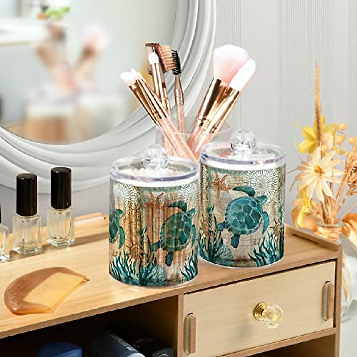 Turtles Qtip Holder Dispenser for Cotton Ball，Bathroom Organizers and Storage Containers，Plastic Jars with Lid Apothecary Jar for Cotton Swabs Pads - 2 Pack