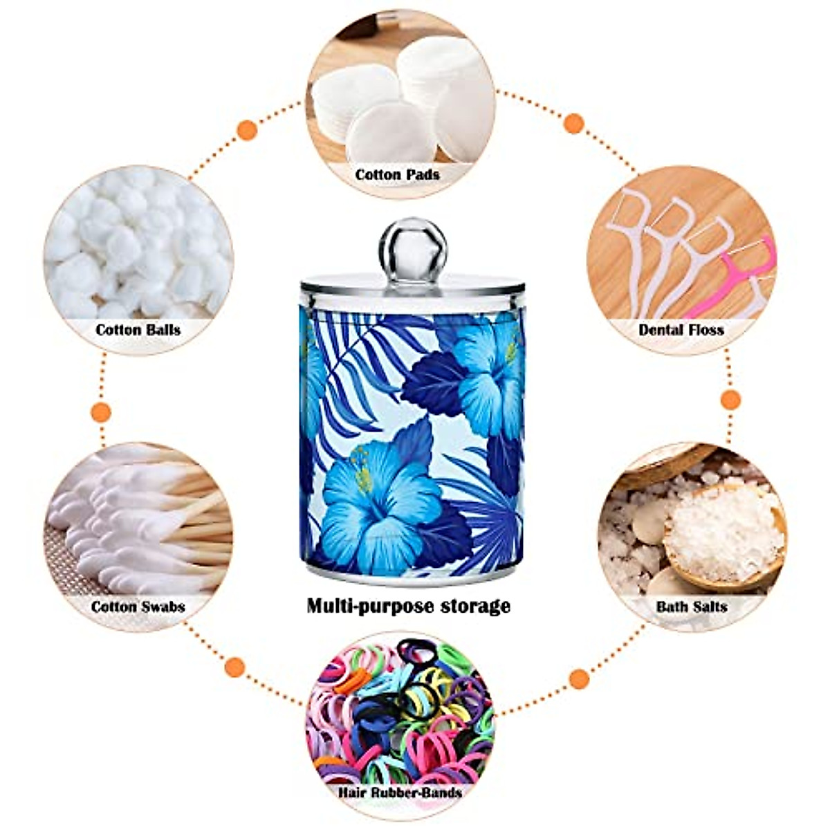 Fustylead 2 Pack Exotic Blue Hibiscus Flowers Qtip Holder Dispensers, Plastic Apothecary Jar Bathroom Accessories Set for Cotton Ball, Swab, Round Pads, Floss