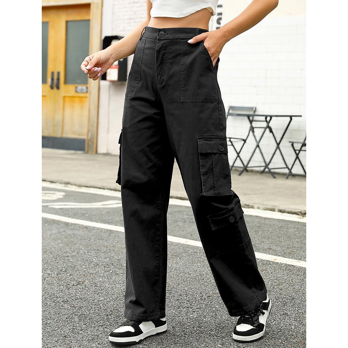 MOYEE Cargo Pants for Women High Waisted and Wide Leg Casual Y2K Pants Baggy Trousers with 7 Pockets(Black, Medium)