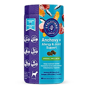 NaturVet Evolutions Anchovy + Allergy & Joint Support 90ct Soft Chews for Dogs - Anchovy Oil, Bone Broth - Helps Maintain Normal Histamine Levels - Helps Support Normal Inflammatory Response