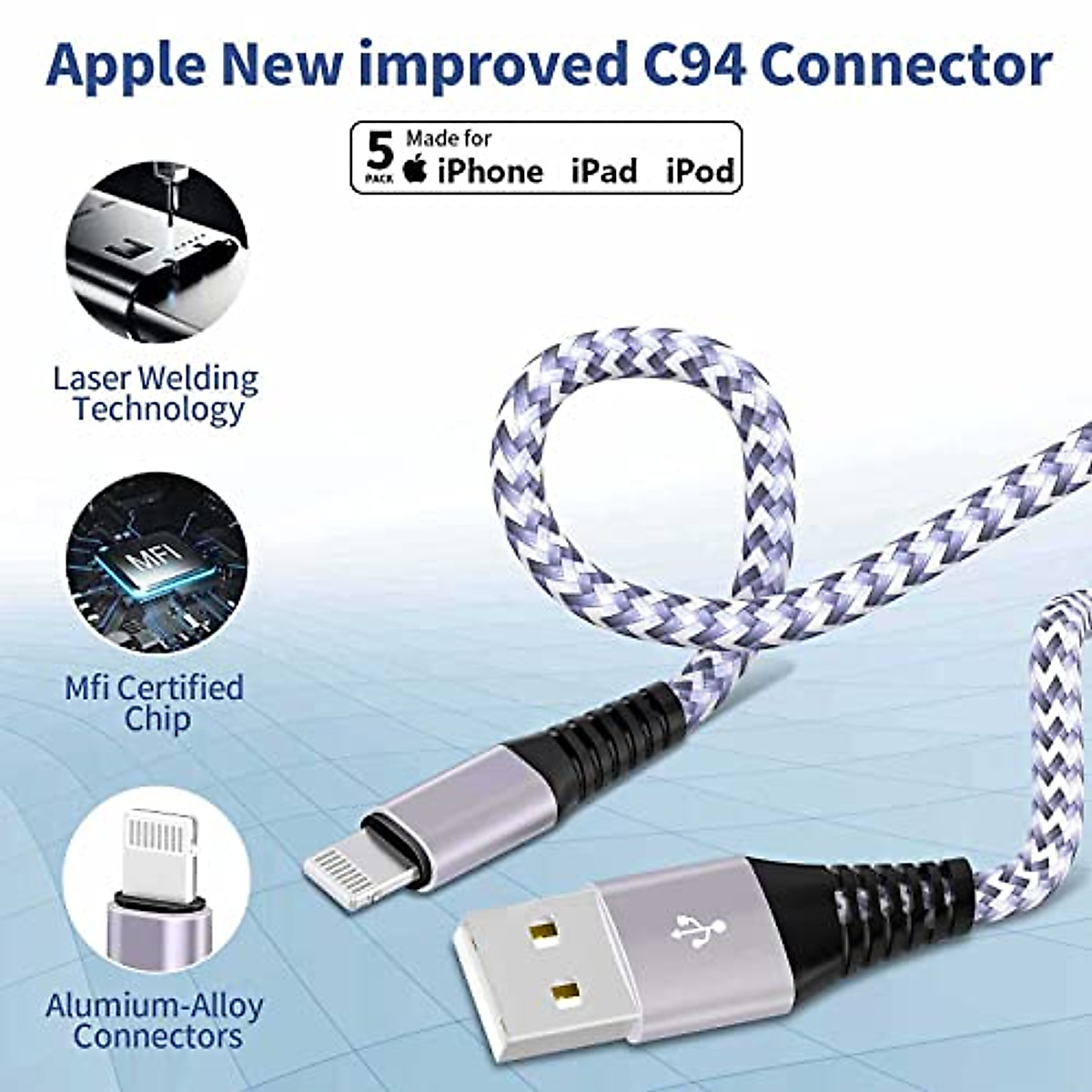 5 Pack Short Lightning Cable(8 Inch), [Apple MFi Certified] iPhone Fast Charging Cable,USB to Lightning High Speed Data Sync Nylon Braided Cord for iPhone 14/13/12/11/XR/X/8/7/6/iPad/Airpods/PowerBank