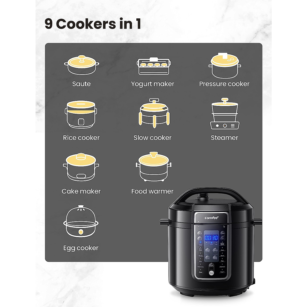 COMFEE’ 9-in-1 Electric Pressure Cooker 14 Presets Instant Multi Cooker Olla de Presion Non-Stick Pot Yogurt Maker Rice Cooker Slow Cooker Sauté Steamer 6 Quarts Black, Aluminum