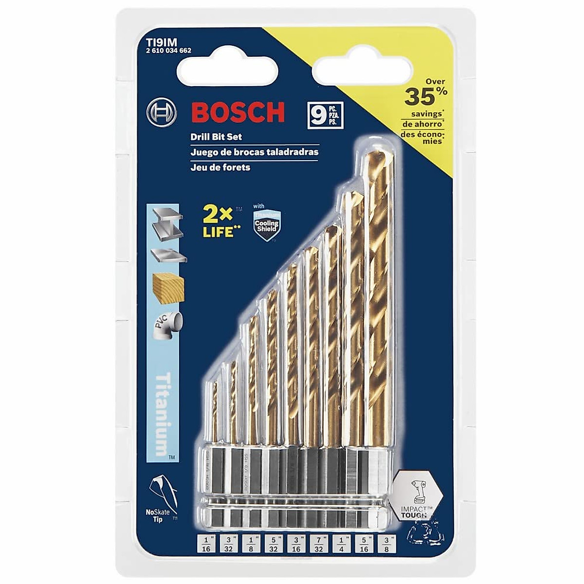BOSCH TI9IM 9-Piece Assorted Set Titanium Nitride Coated Metal Drill Bits with Included Case Impact Tough with Impact-Rated Hex Shank Ideal for Heavy-Gauge Carbon Steels, Light Gauge Metal, Hardwood