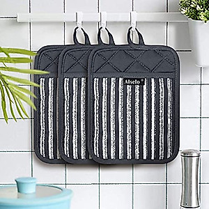 Alselo Silicone Pot Holders Set of 3 Heat Resistant & Non Slip Potholders, Professional Oven Hot Pads with Pockets Mitts for Kitchen Cooking Baking Barbecue