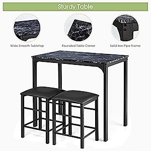 COSTWAY 3 Pieces Dining Table Set, 2 Person Kitchen Breakfast Table and Chair Set Pub Table and Chairs Set, Counter Height Dining Table Set with 2 Bar Stools (Black)
