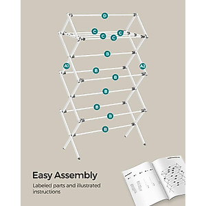 SONGMICS Foldable Clothes Drying Rack, Laundry Drying Rack, Clothes Airer, Steel Frame, 14.6 x 29.5 x 53.2 Inches, Easy Assembly, Indoor Outdoor Use, White ULLR770W01