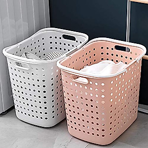 Large Breathable Hollow Laundry Hamper with Long Handles, 14.6 Inches Portable Plastic Clothes Hamper for Living Room Bathroom Laundry Storage (White, Round)