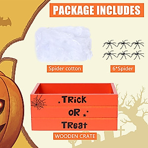 Aweyka Halloween Mini Trick or Treat Wooden Crate, Decorative Wood Crates Crate Box Wooden Storage Box with Spider Cotton and 6 Spider for Tiered Tray Shelf Table Kitchen Home fall Halloween Decor