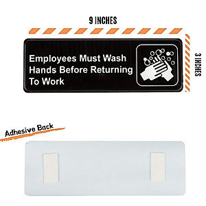 Employees Must Wash Hands Before Returning to Work Sign (Pack of 3) Easy to Mount with a self Adhesive Backing. Great for Business and Restaurants, 9" x 3".