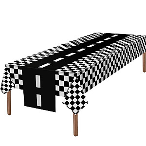 Tallew 2 Pcs Checkered Car Party Supplies Disposable Tablecloth Plastic Table Cover Black and White Checkered Race Table Runner for Racing Birthday Party Decor Favor Supplies (Black,White)