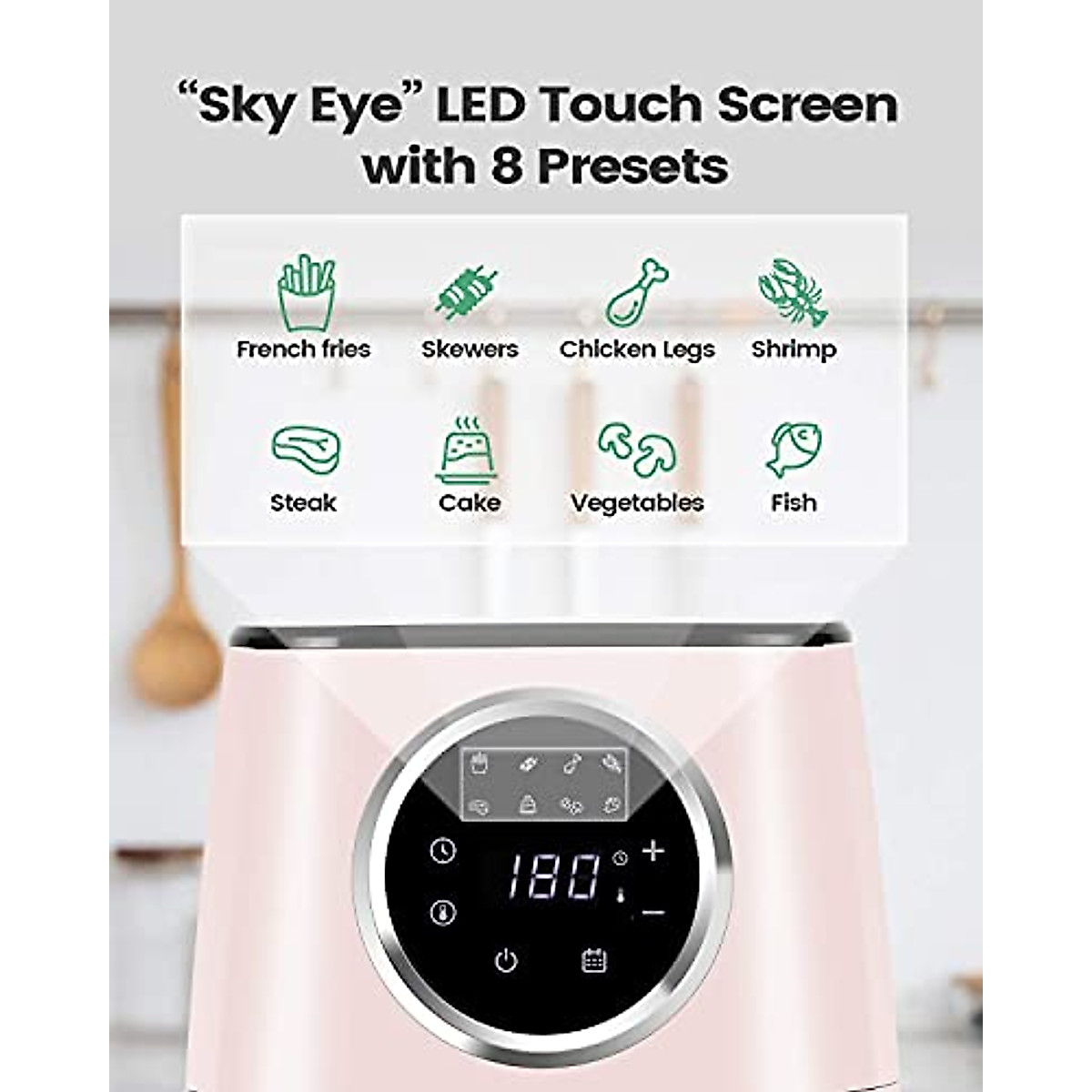 [NEW] KOOC Large Air Fryer, 4.5-Quart Electric Hot Oven Cooker, Free Cheat Sheet for Quick Reference Guide, LED Touch Digital Screen, 8 in 1, Customized Temp/Time, Nonstick Basket, Pink