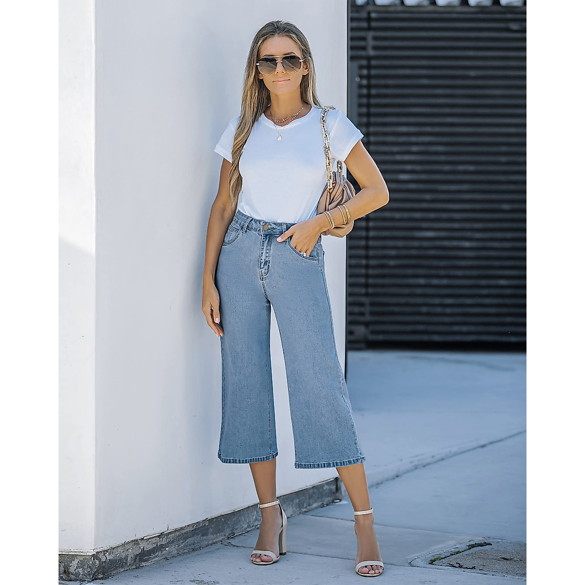 Vetinee Wide Leg Jeans for Women Plus Size Summer Pants Women Denim Jeans Women's Capris with Pockets High Waisted Wide Leg Jeans Roadknight Blue X-Large Size 16 18