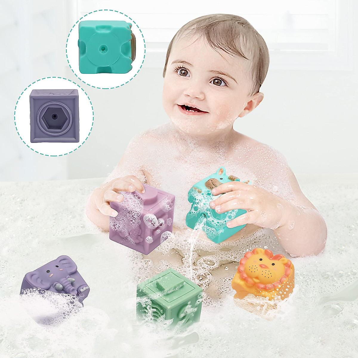 QLOTS Baby Blocks, Baby Toys 12PCS Soft Stacking Building Blocks Infant Bath Toys for Toddler 12 Month 1 2 Years Old Boys&Girls Gift Safe Teething Squeeze Sensory Toys with Suction Cup Storage Bag