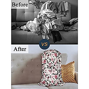 Swono Watercolor Sketch Poppy Large Laundry Bag Washable Large Dirty Clothes, Leaf Repeating Pattern Drawstring Organizer Bag, Fit Hamper Basket Camp Travel Home Dorm, Pink Black