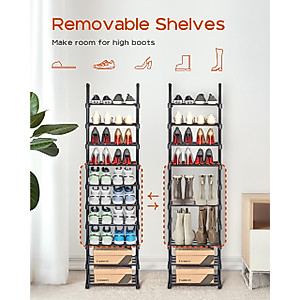 CASAMAYA Shoe Rack, 10 Tier Metal Shoe Organizer, DIY Tall Shoe Storage Shelf for 32 Pairs of Shoes and Boots, Space-Saving, Easy to Assemble, Entryway, Black SRT210B01