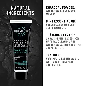 EcoTomorrow Charcoal Whitening Toothpaste - Natural Juá & Tea Tree, Fluoride Free, Plant Based with Peppermint Essential Oil - 4.0oz (Pack of 3)