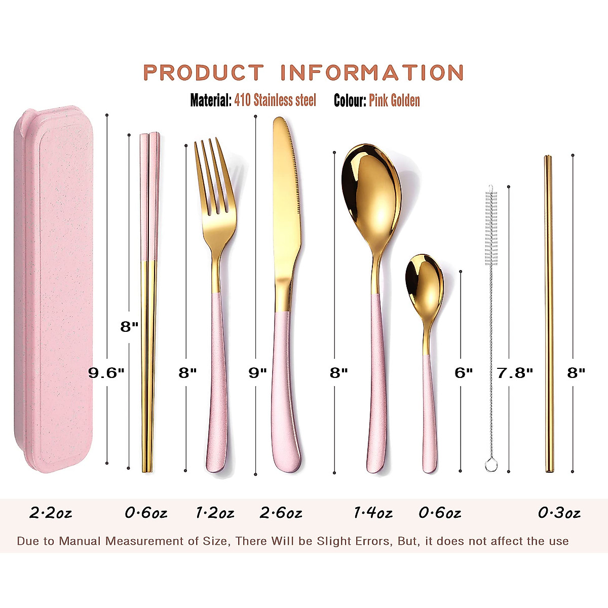 AARAINBOW 7 Pieces Stainless Steel Flatware Set Portable Reusable Cutlery Set Travel Utensils Set Including Chopsticks Knife Fork Spoon Straws Cleaning Brush Dishwasher Safe (7 Pink Golden)