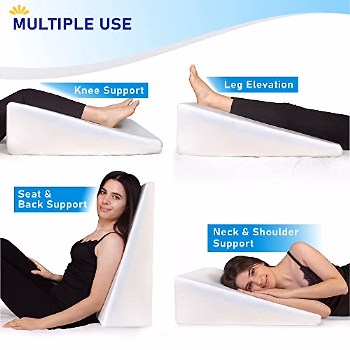 Bed Wedge Pillow Cooling Memory Foam Top – 8" 24" 24" Elevated Support Cushion, Triangle Wedge Pillow for Sleeping, Lower Back Pain, Acid Reflux, Heartburn, Allergies, Snoring – Removable Cover