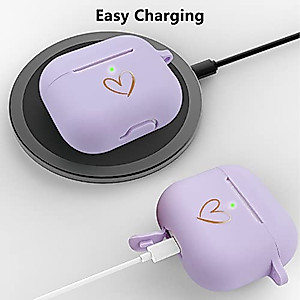 AIIEKZ Compatible with AirPods 3 Case Cover 2021, Cute Soft Silicone Case with Gold Heart Pattern for AirPods 3rd Generation Case with Fur Ball Pom Pom Keychain for Girls Women (Lavender Purple)