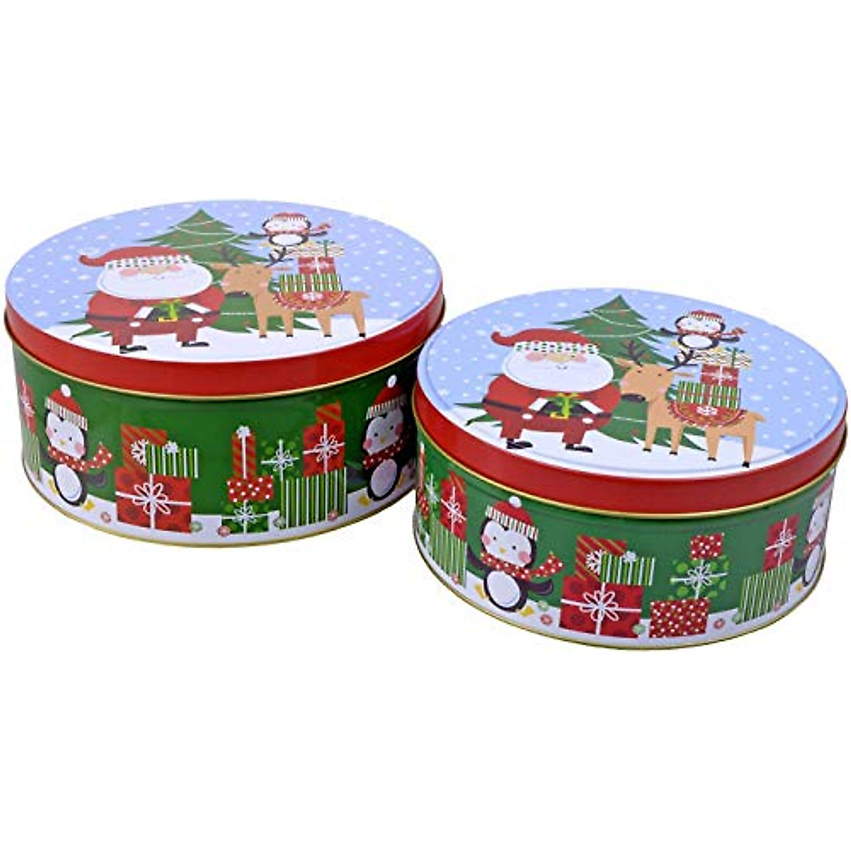 Round Nesting Tins With Holiday Print Designs Bundle of 2 Round Metal Tins with Lids for Cookies, Candy, Food Presents - 1- 6 and 3/4 Inches and 1- 6 inches Diameter