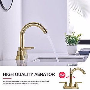 Brushed Gold Bathroom Faucet 2 Handle 4 Inches Centerset Vanity Sink Mixer Tap with Drain Assembly and cUPC Water Supply Lines SUS304 Stainless Steel